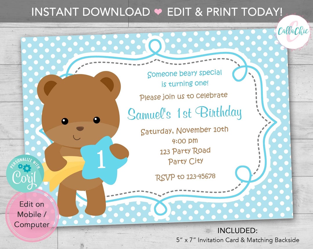 Teddy Bear Birthday Invitation PRINTABLE Boy 1st Party / Baby Shower ...