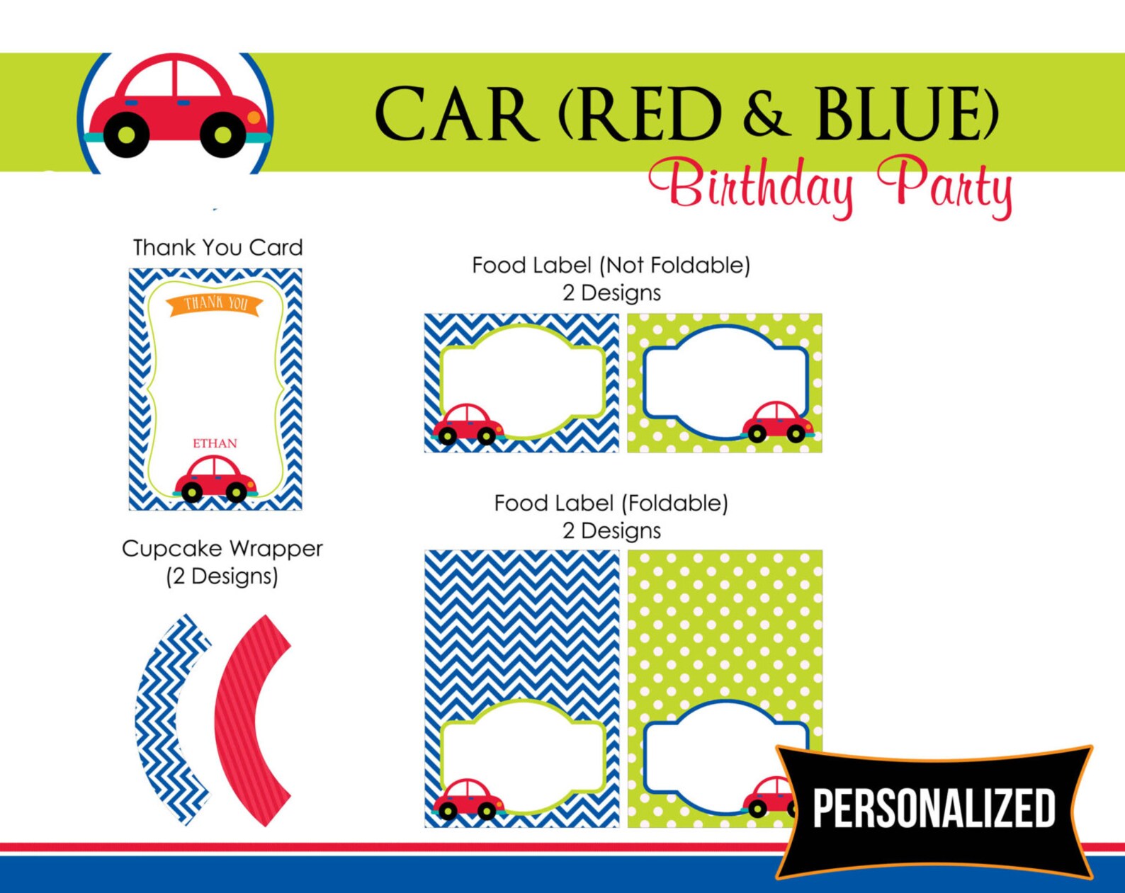 Car Birthday Party Package Printable red Car in Navy Blue | Etsy
