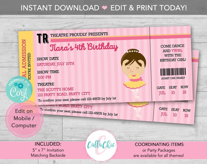 Ballerina Ticket Invitation PRINTABLE Ballet Birthday Invite - Etsy