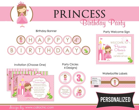 Princess Birthday Party Package PRINTABLE for Girls brown - Etsy