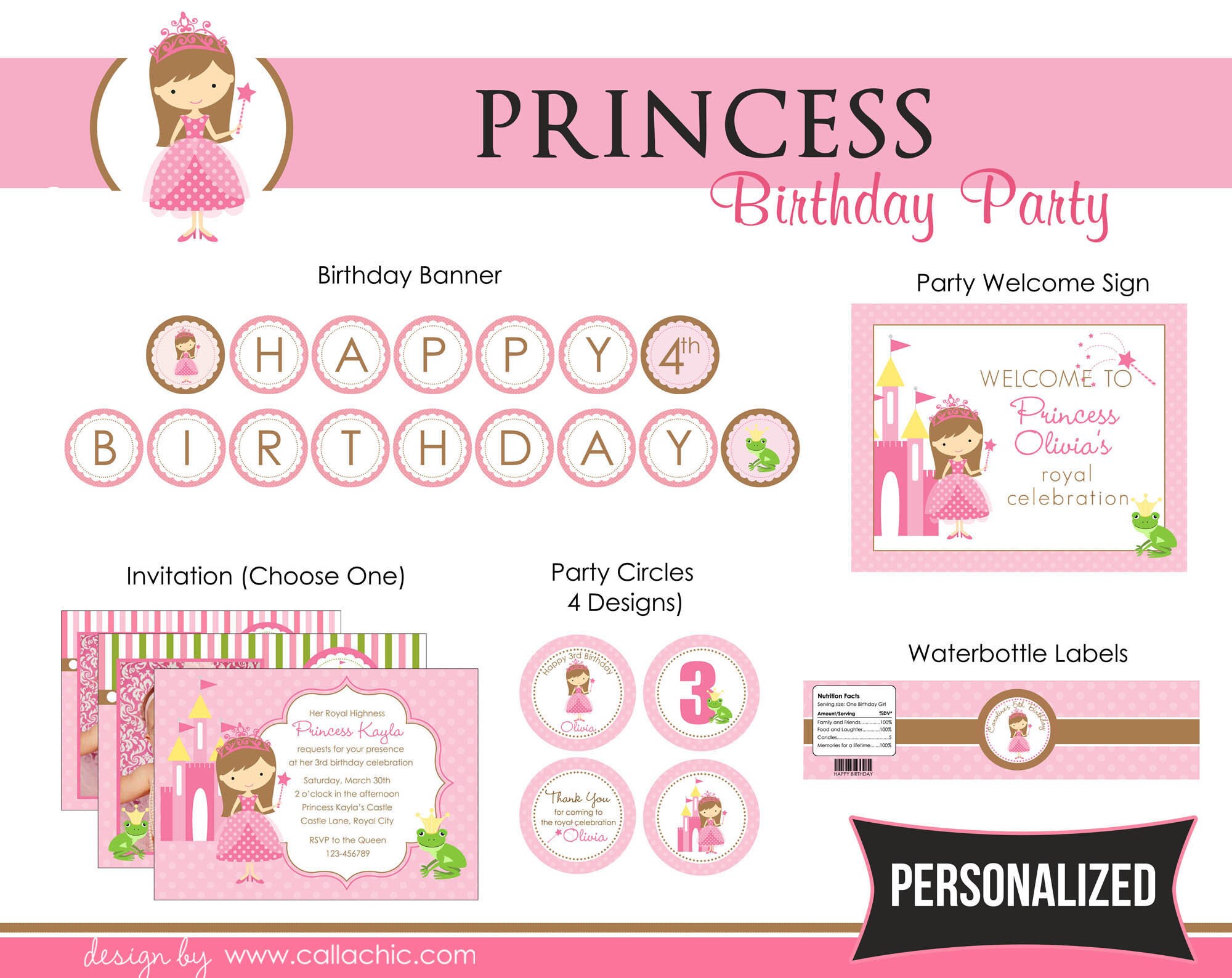 Princess Birthday Party Package PRINTABLE for Girls brown Blonde ...