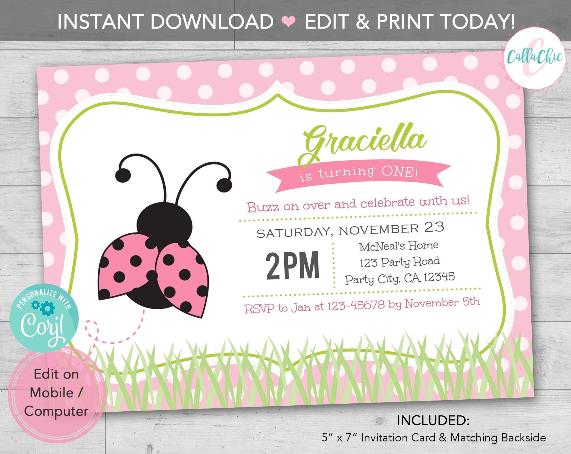 Ladybug Birthday Invitation PRINTABLE Editable Template Girl 1st ...