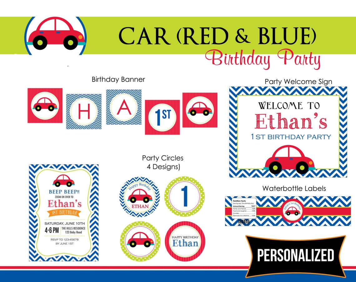 Car Birthday Party Package Printable red Car in Navy Blue | Etsy