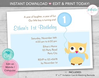 Owl 1st Birthday Invitation PRINTABLE Editable Template Girl | Etsy