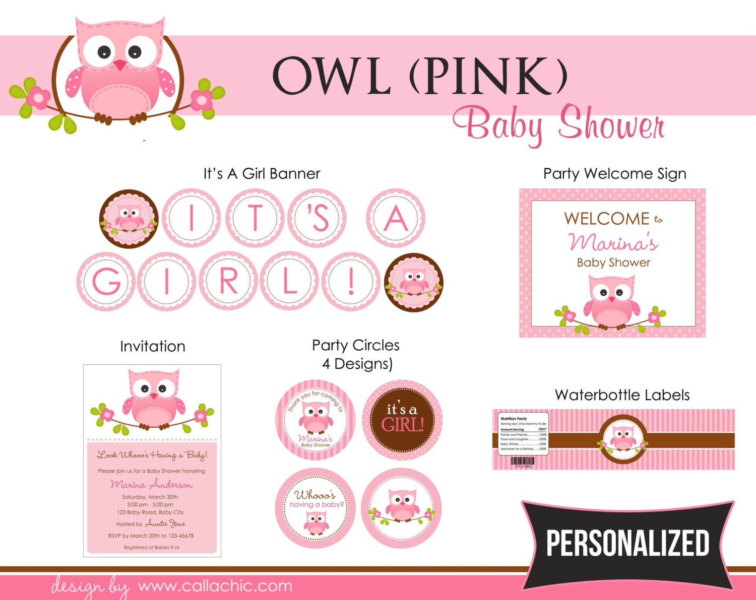 Owl Baby Shower Party Package Pink PRINTABLE DIY for Girl | Etsy