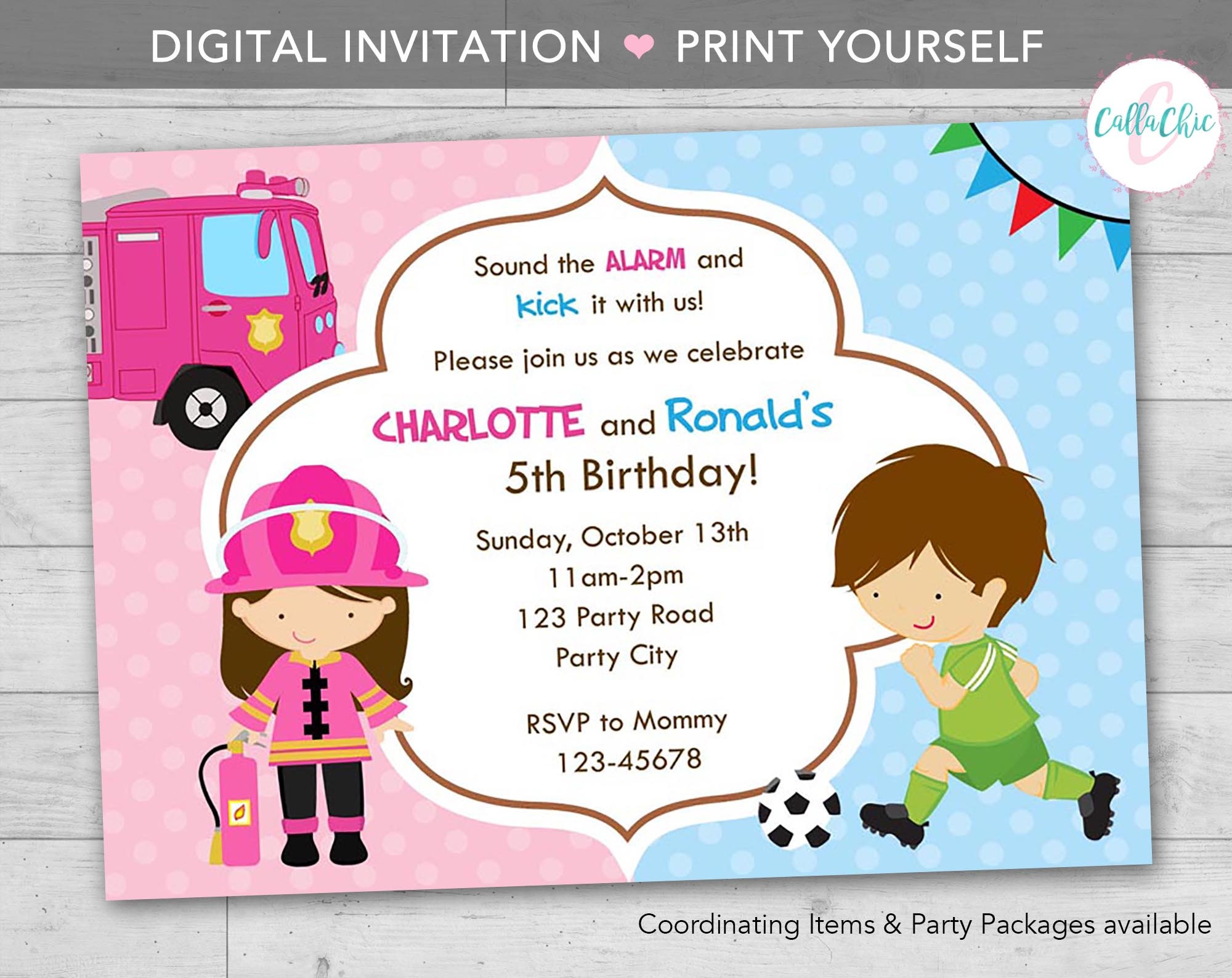 Firefighter and Soccer Invitation PRINTABLE Twin / Joint / | Etsy