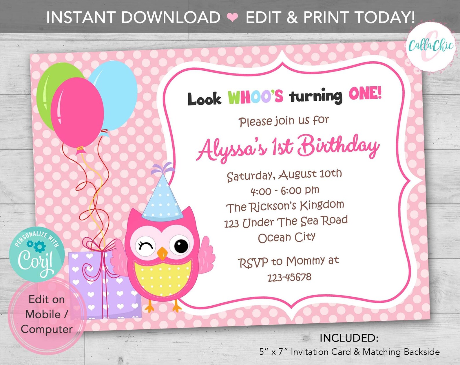 Owl 1st Birthday Invitation PRINTABLE Editable Template Girl Party ...