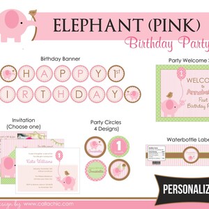 Elephant Birthday Party Package PRINTABLE for Girls pink | Etsy