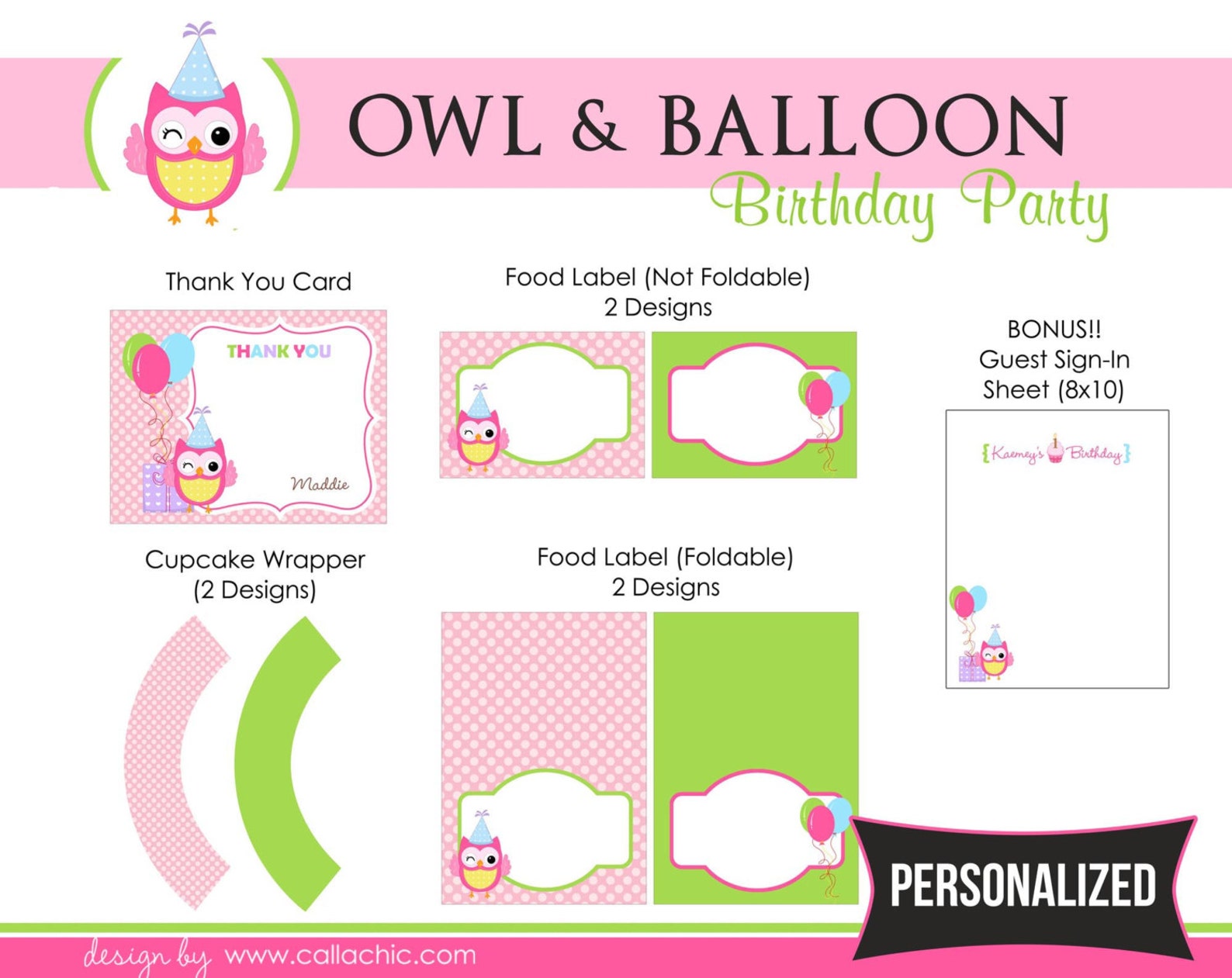 Owl Balloon Birthday Party Package pink PRINTABLE DIY for 1st Birthday ...