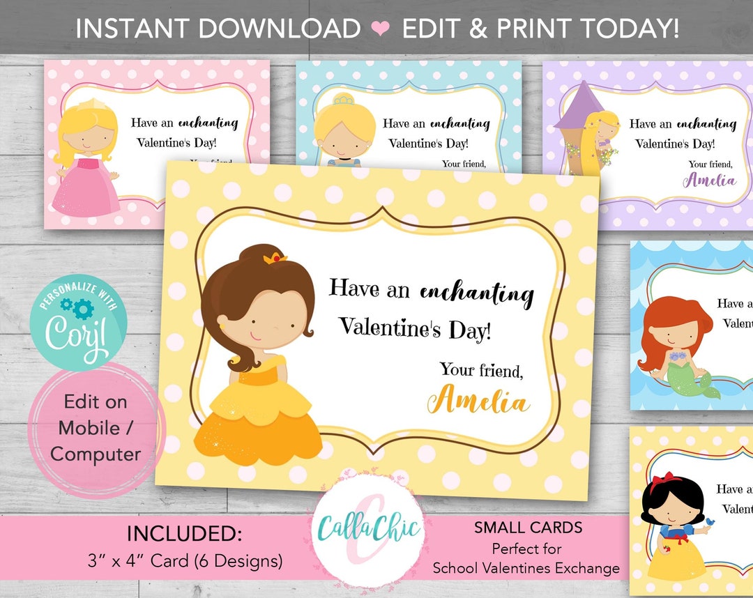 Princess Valentines Cards for Girls PRINTABLE DIY children Famous ...
