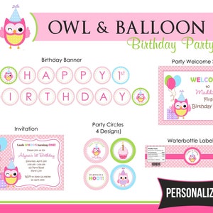 Owl Balloon Birthday Party Package pink PRINTABLE DIY for 1st Birthday ...
