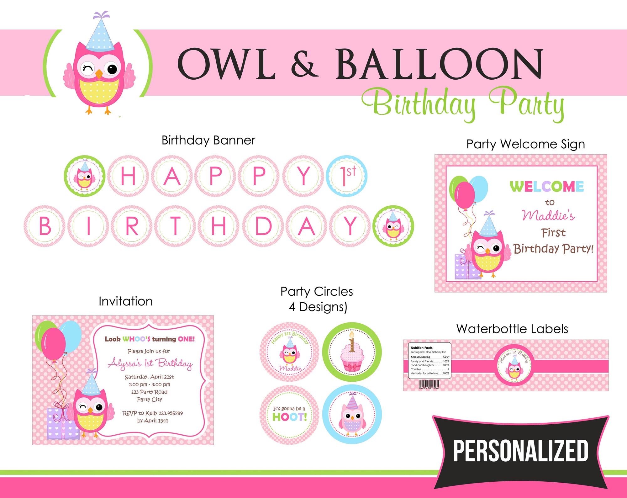 Owl Balloon Birthday Party Package pink PRINTABLE DIY for 1st Birthday ...