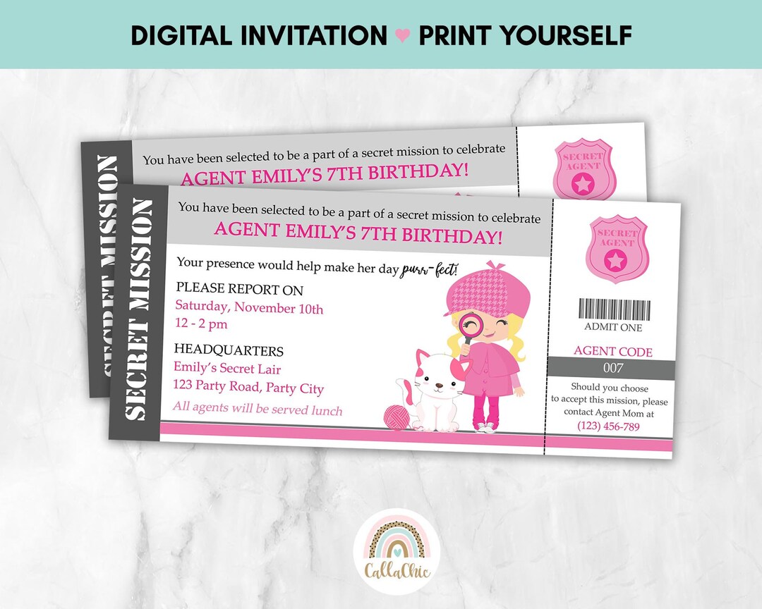 Spy Party Invitation PRINTABLE (ticket Style) - Secret Agent Detective ...