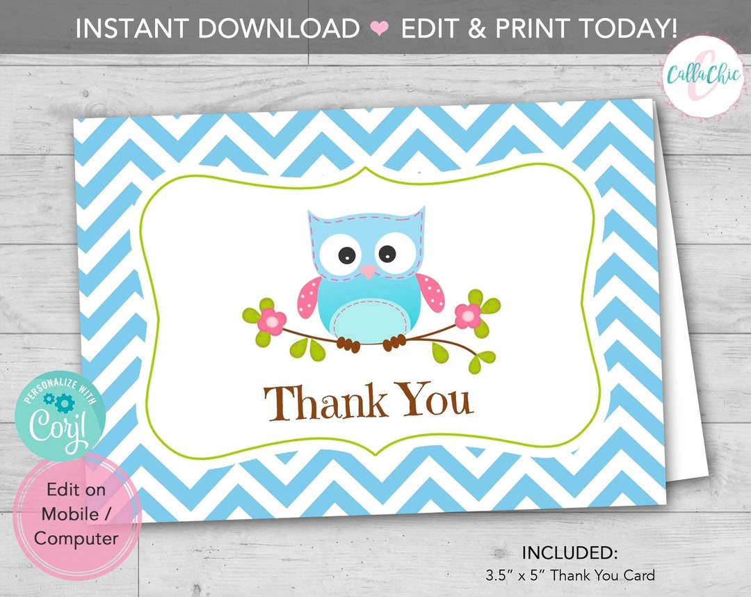 Owl Thank You Card INSTANT DOWNLOAD PRINTABLE Baby Shower / 1st ...