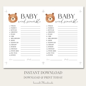 Teddy Bear Baby Word Scramble Game, Baby Shower Word Scramble, Baby ...