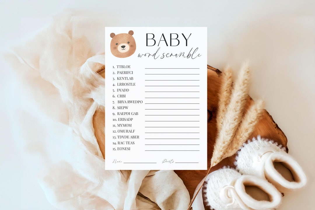 Teddy Bear Baby Word Scramble Game, Baby Shower Word Scramble, Baby ...