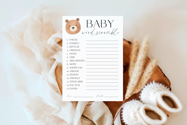 Teddy Bear Baby Word Scramble Game, Baby Shower Word Scramble, Baby ...