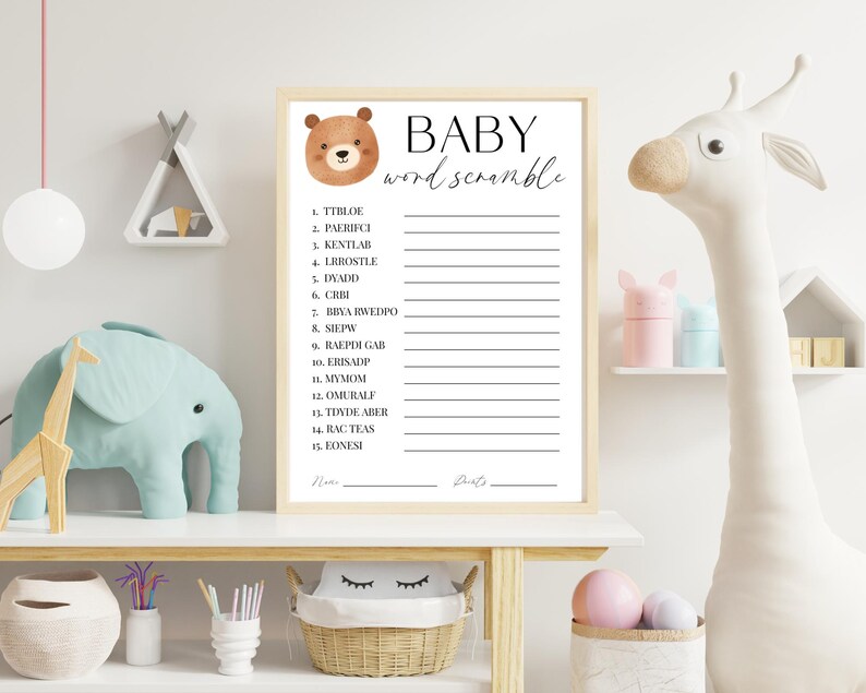 Teddy Bear Baby Word Scramble Game, Baby Shower Word Scramble, Baby ...