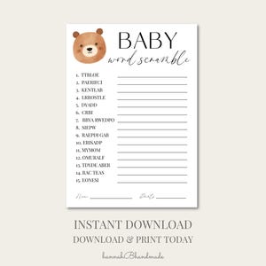 Teddy Bear Baby Word Scramble Game, Baby Shower Word Scramble, Baby ...
