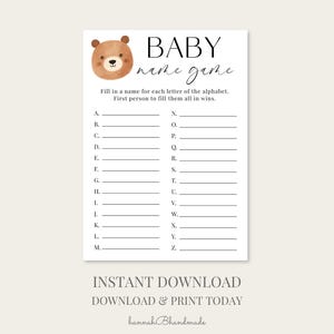 Teddy Bear Baby Name Game, Baby Shower Name Game, Baby Shower Games ...
