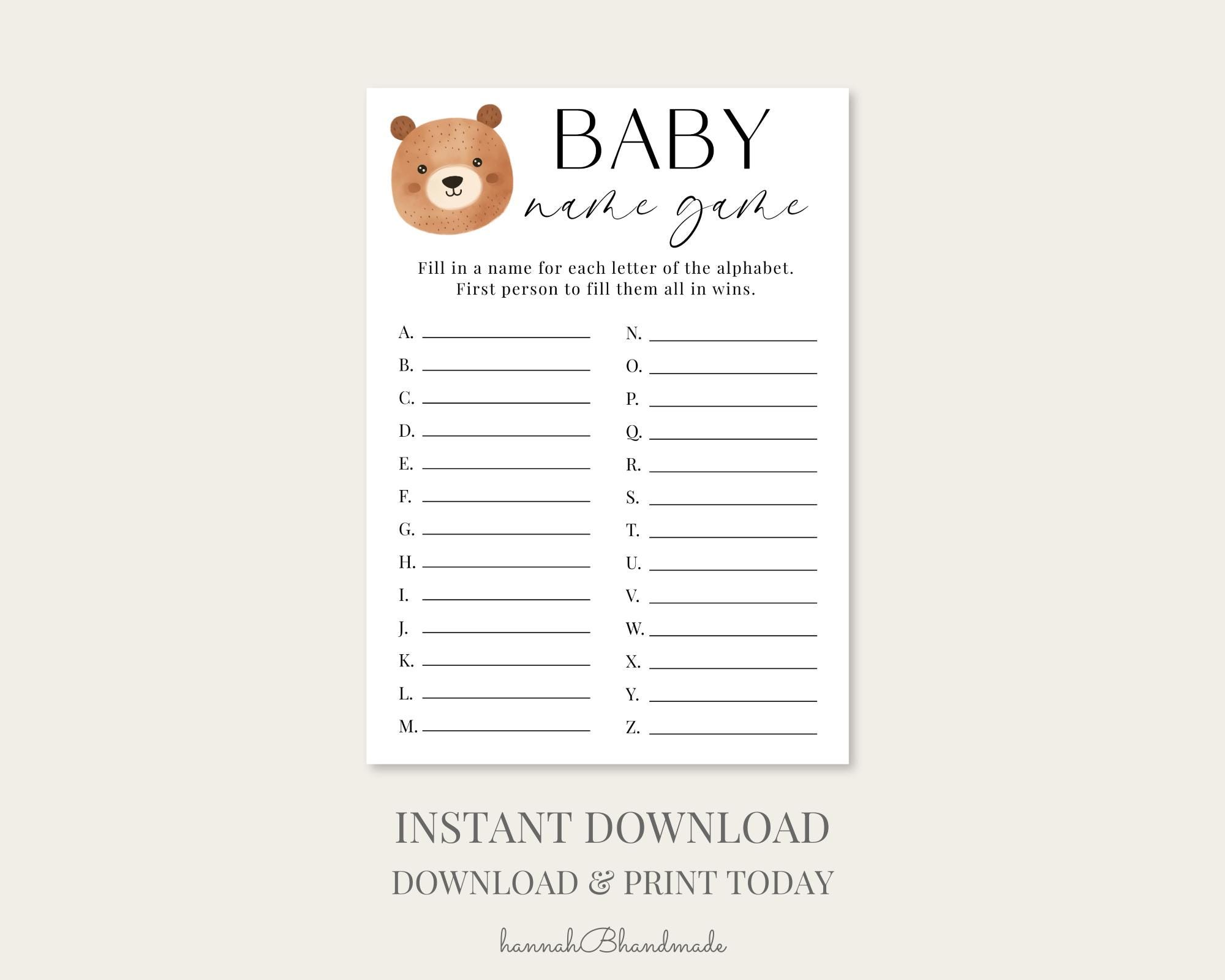 Teddy Bear Baby Name Game, Baby Shower Name Game, Baby Shower Games ...