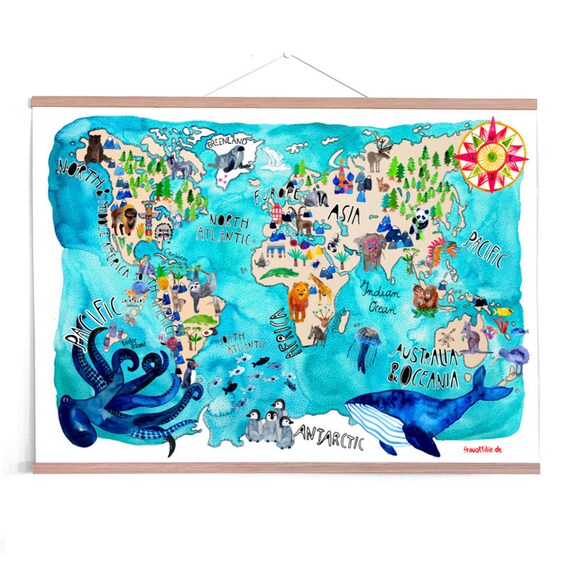 World map for children / kids poster print decoration for | Etsy