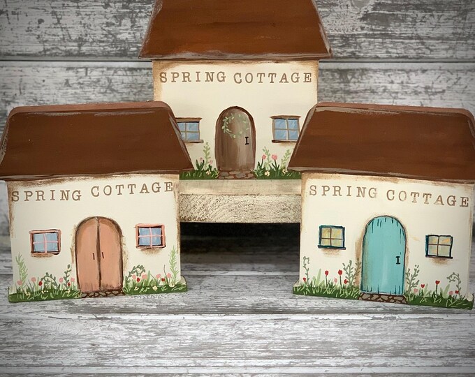 Spring Cottage, Hand Painted, Wood House, Tulips, Spring Decor, Tiered ...