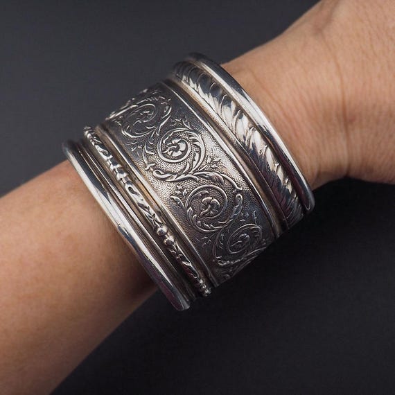 Wide Silver Cuff Bracelet, Victorian Style Bracelet, … - Gem