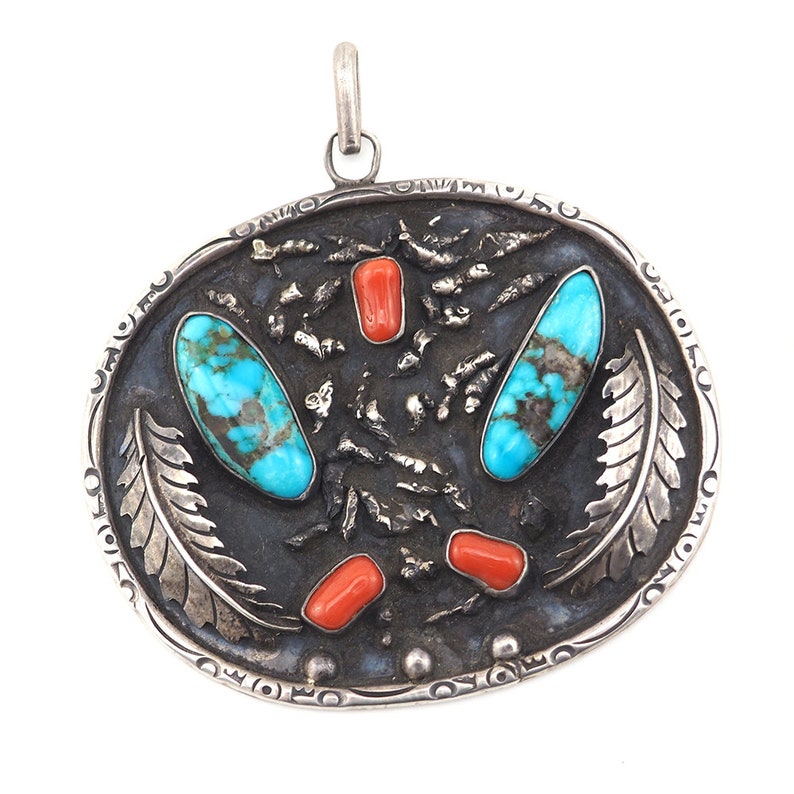 Native American Pendant, Large Pendant, Sterling Silver Pendant, Coral ...