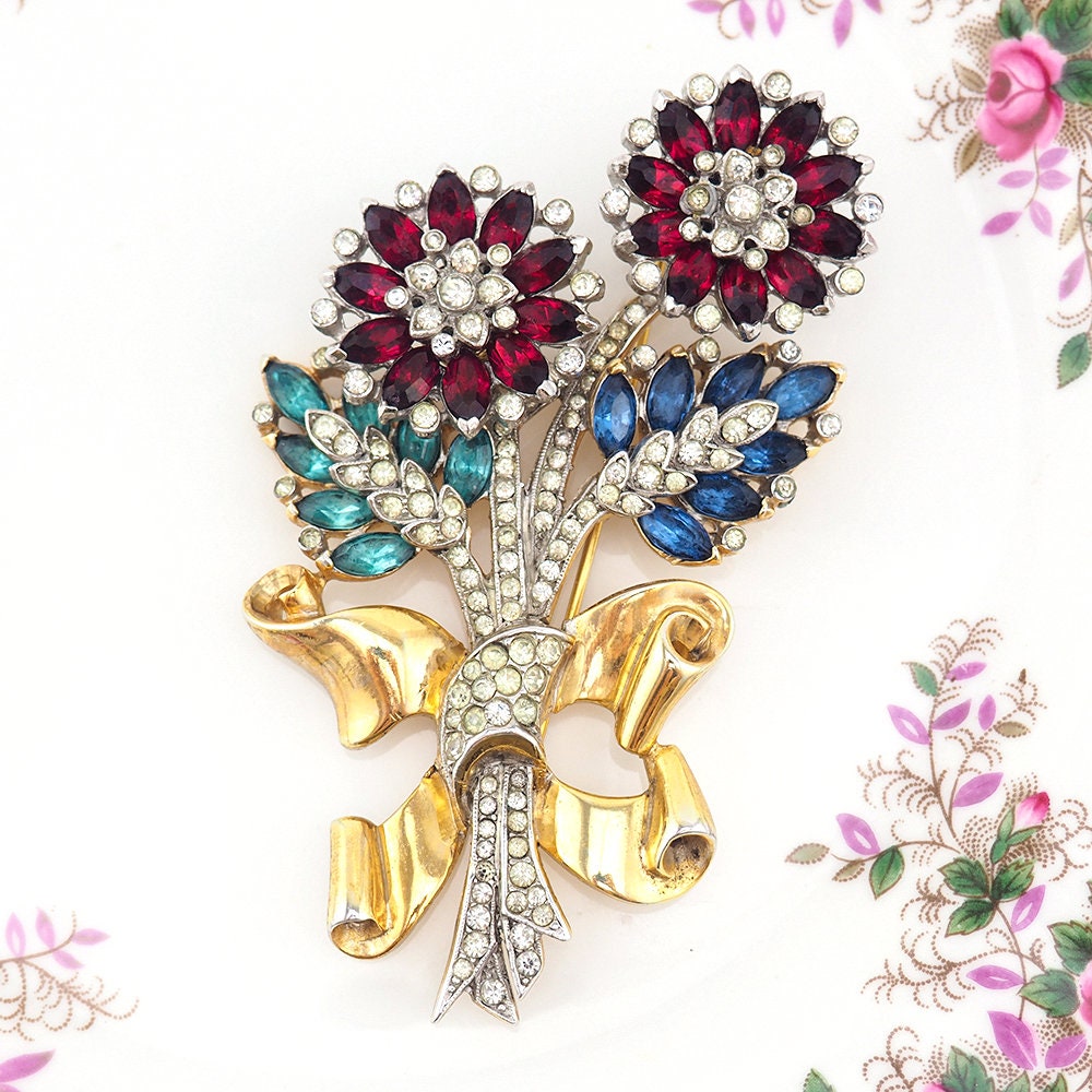 Coro Brooch, 1940s Brooch, Coro Bouquet Brooch, Coro Rhinestone Brooch ...