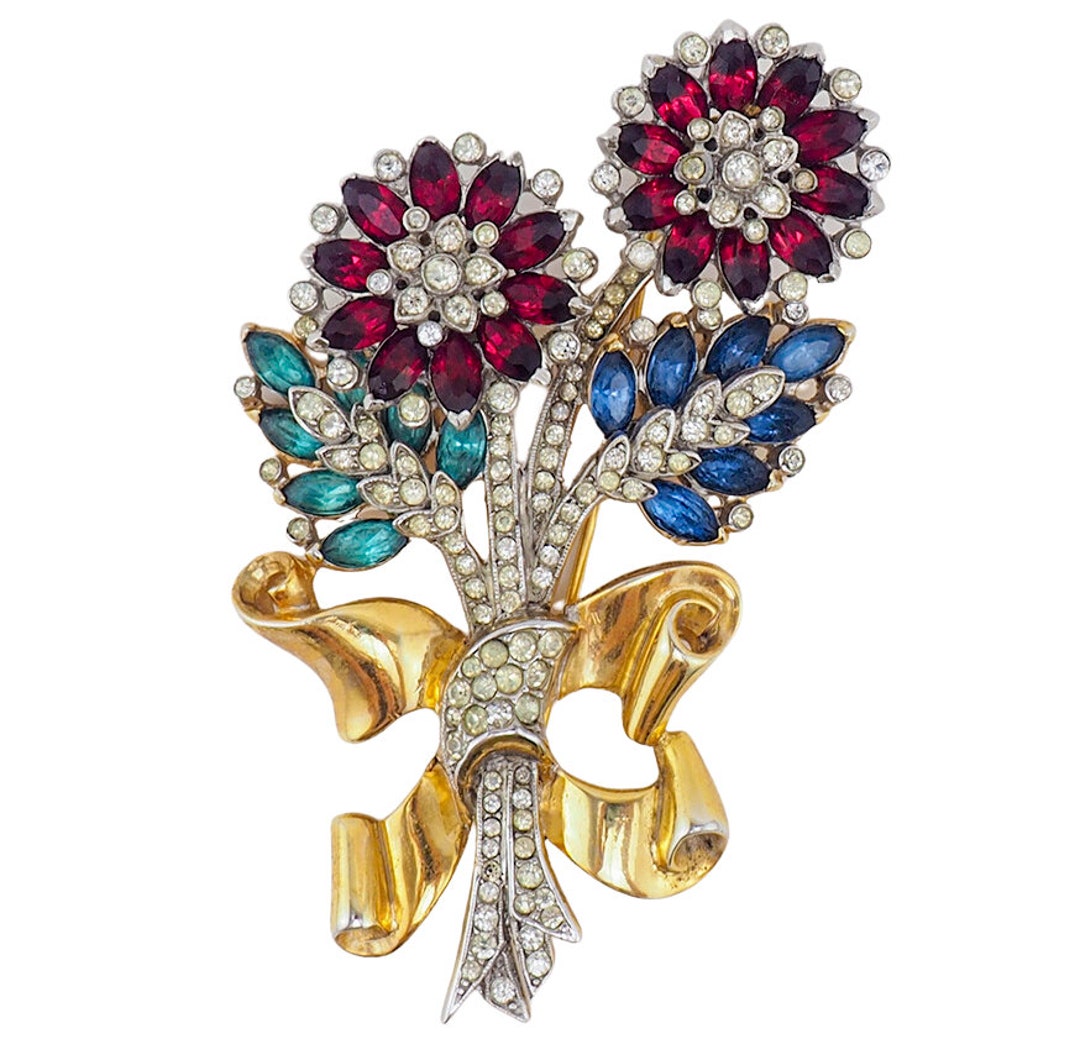 Coro Brooch, 1940s Brooch, Coro Bouquet Brooch, Coro Rhinestone Brooch ...