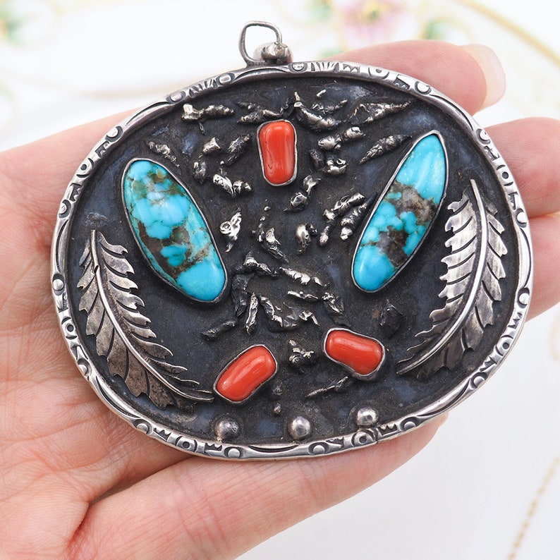 Native American Pendant, Large Pendant, Sterling Silver Pendant, Coral ...