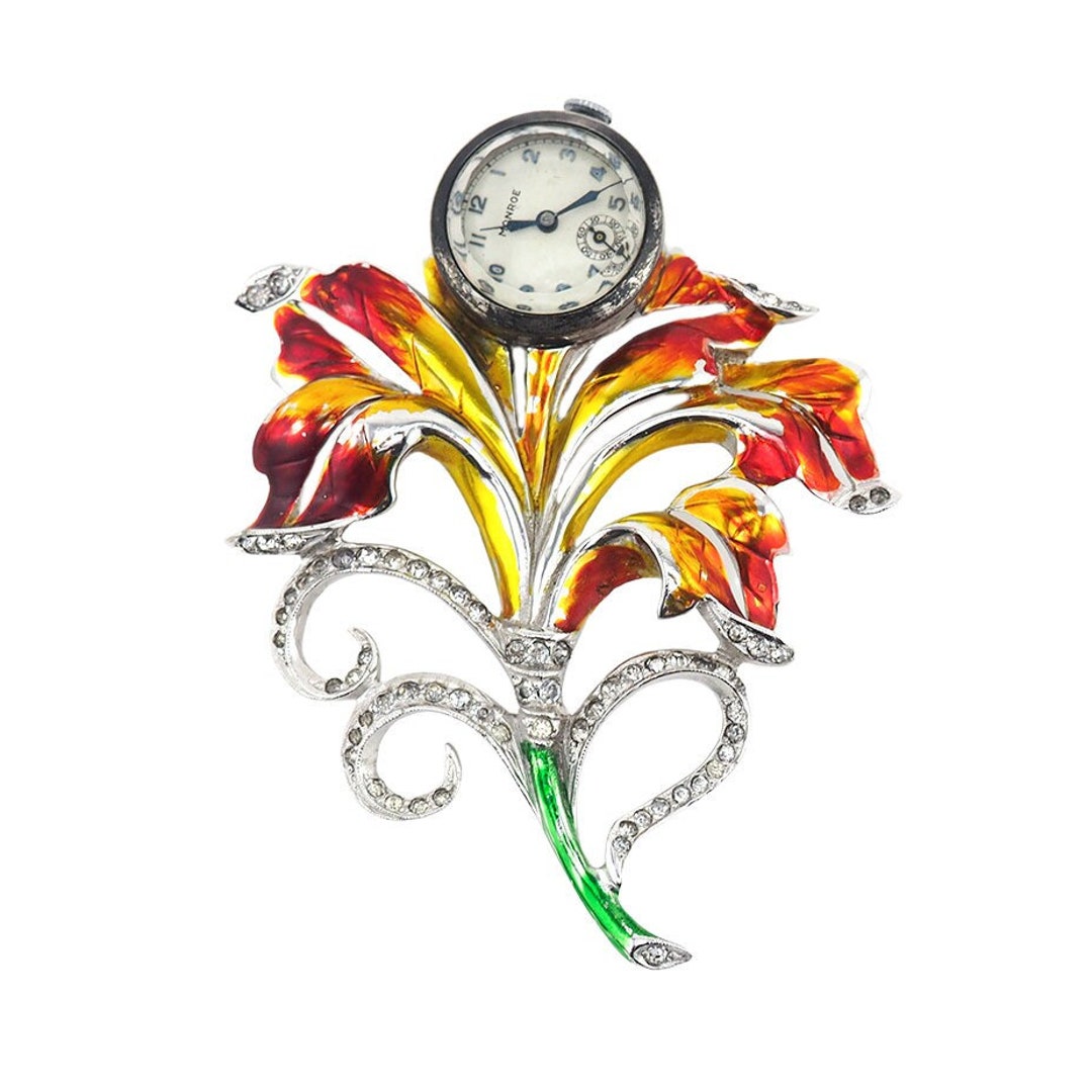 Watch Brooch, Vintage Watch, Vintage Brooch, Enamel Flower, 1940s Watch ...
