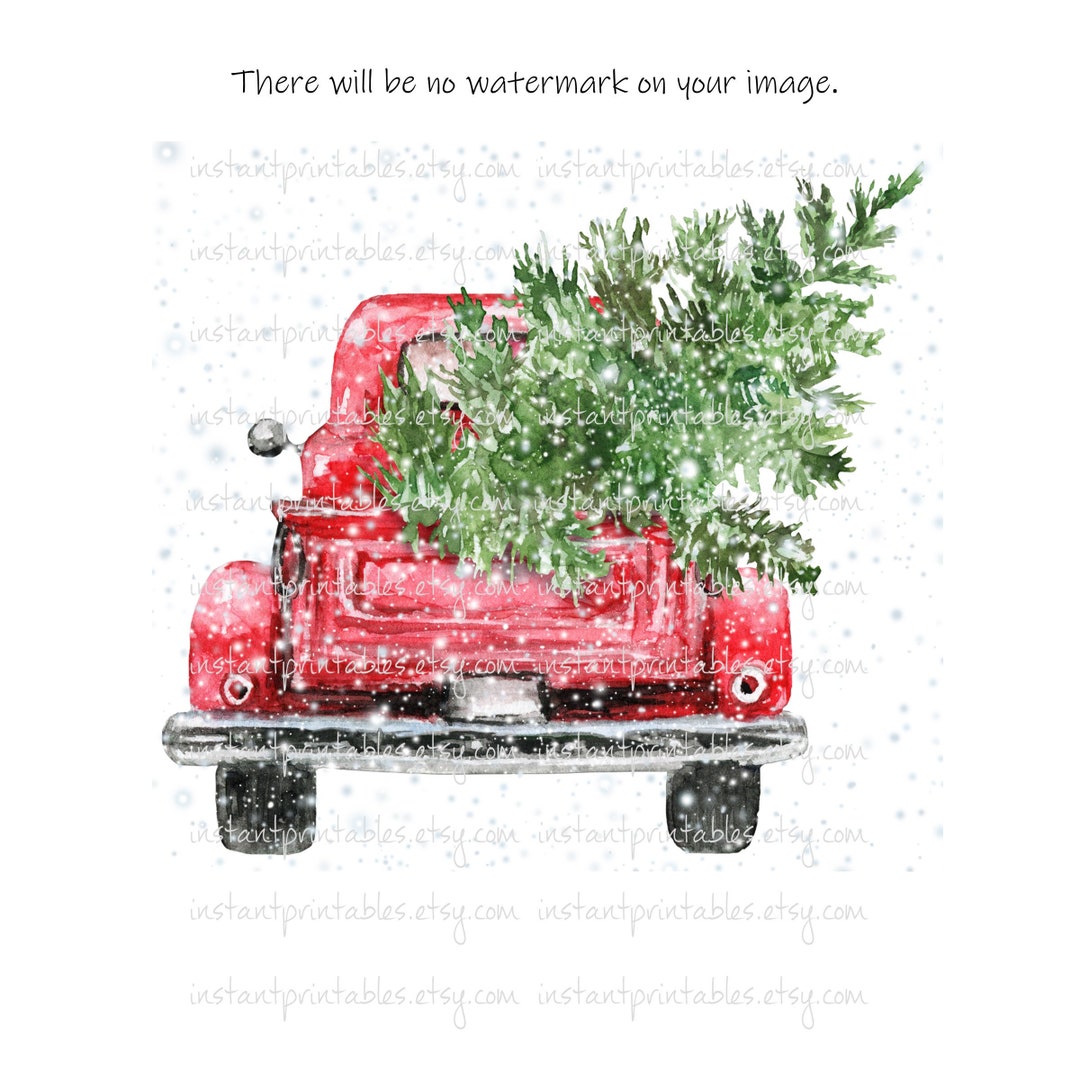 Red Truck Christmas Tree PNG: Vintage Watercolor Clipart (digital ...