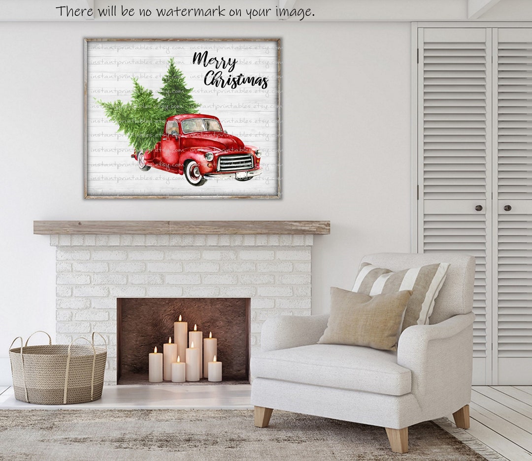 Red Truck Christmas Tree Vintage Print: Holiday Wall Decor (digital ...