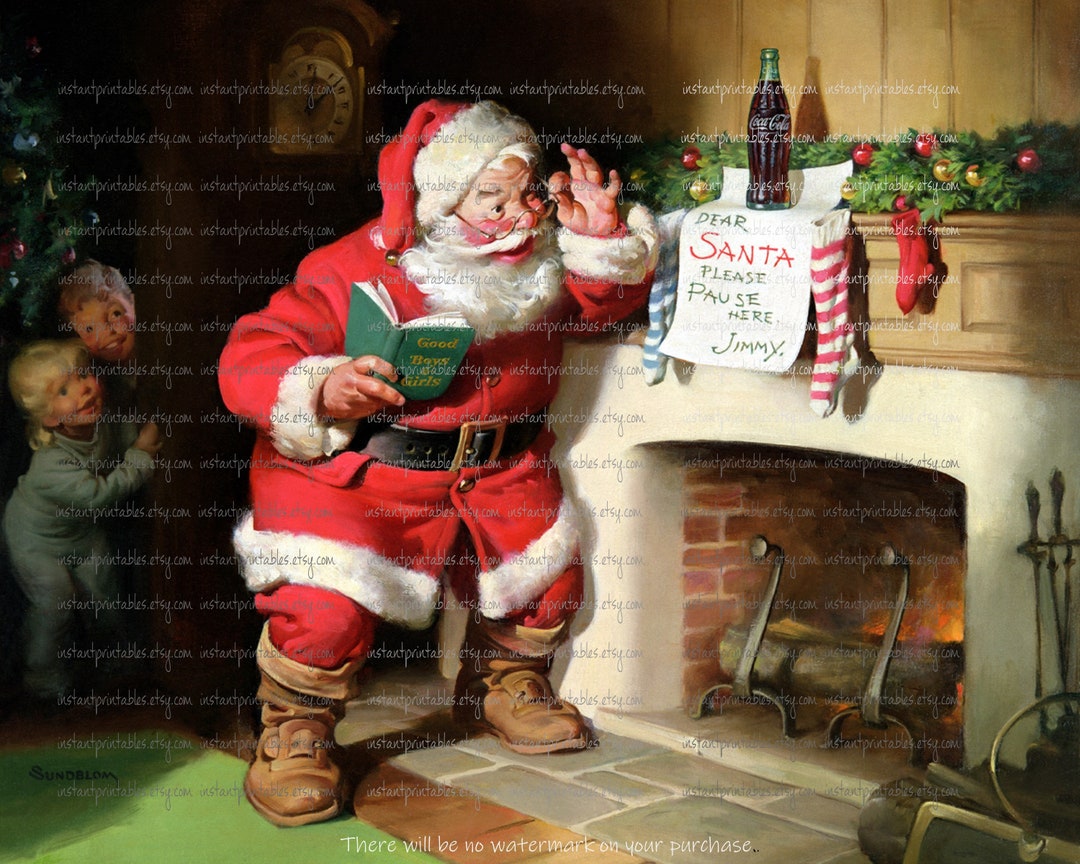Santa Printable Wall Art Decor Christmas Print Vintage Fireplace Note ...