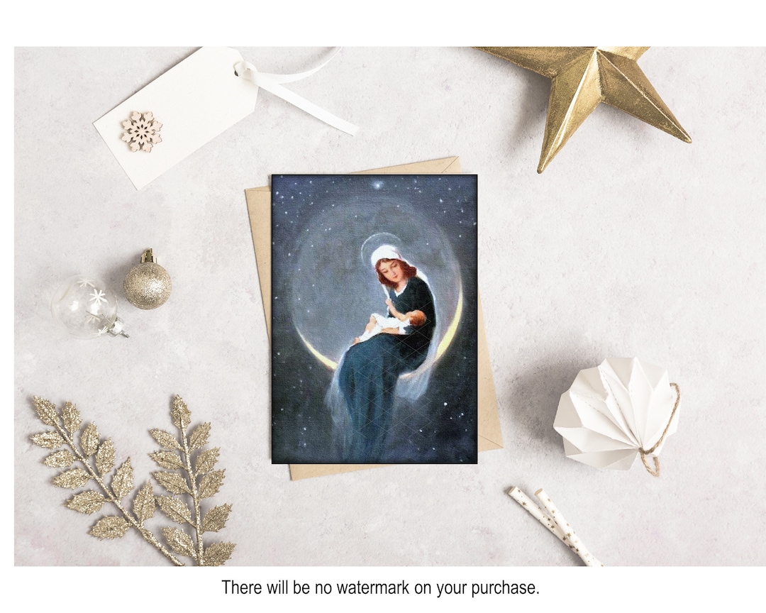 Nativity Christmas Card: Mary and Baby Jesus on Moon (PNG JPG) - Etsy