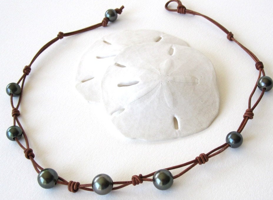 Tahitian Pearl Necklace, Leather and Tahitian Pearls, Black Pearl ...
