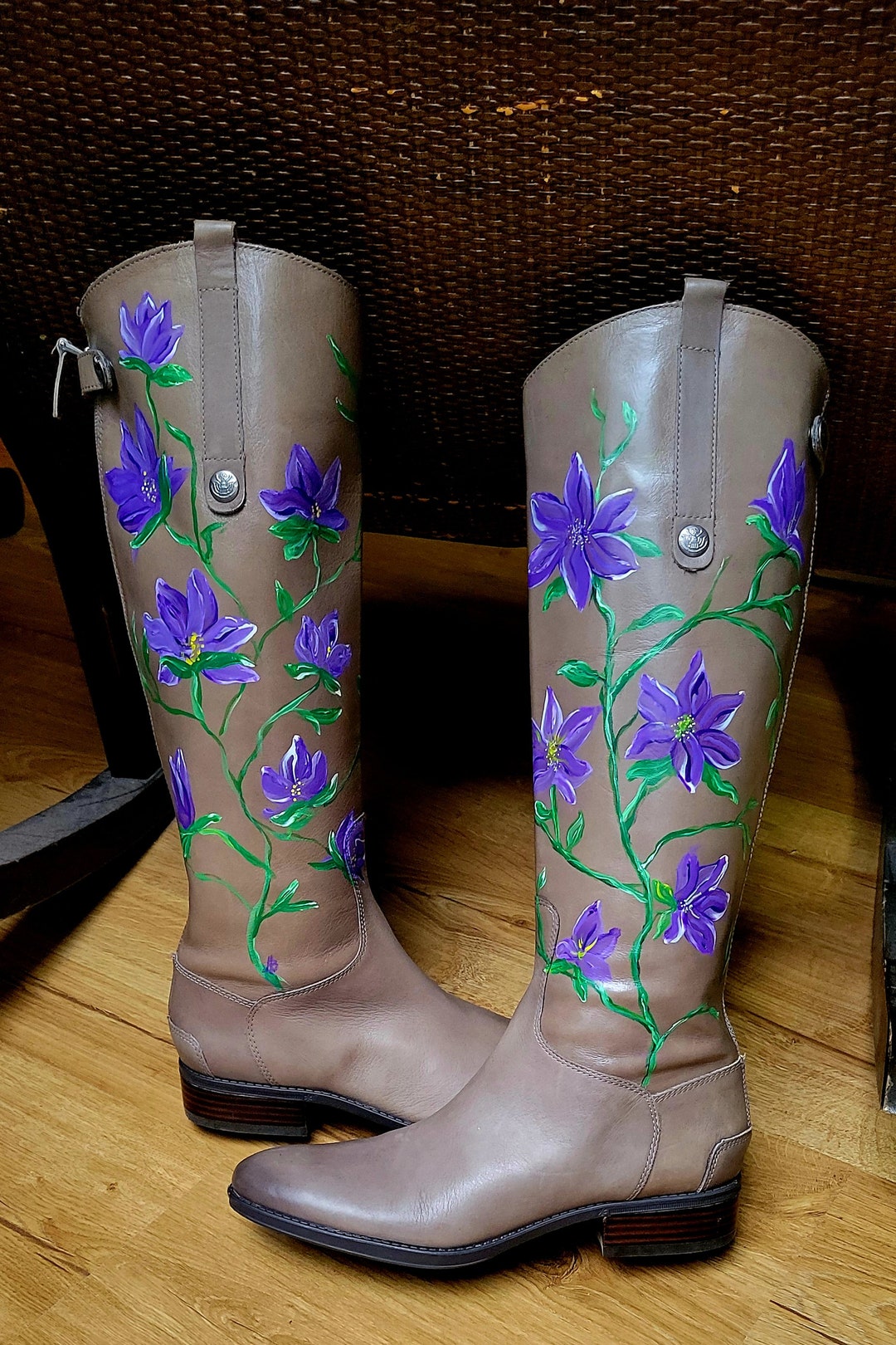 Custom Hand Painted Grey Butter Leather Boots Women's US 8 Shoes With ...