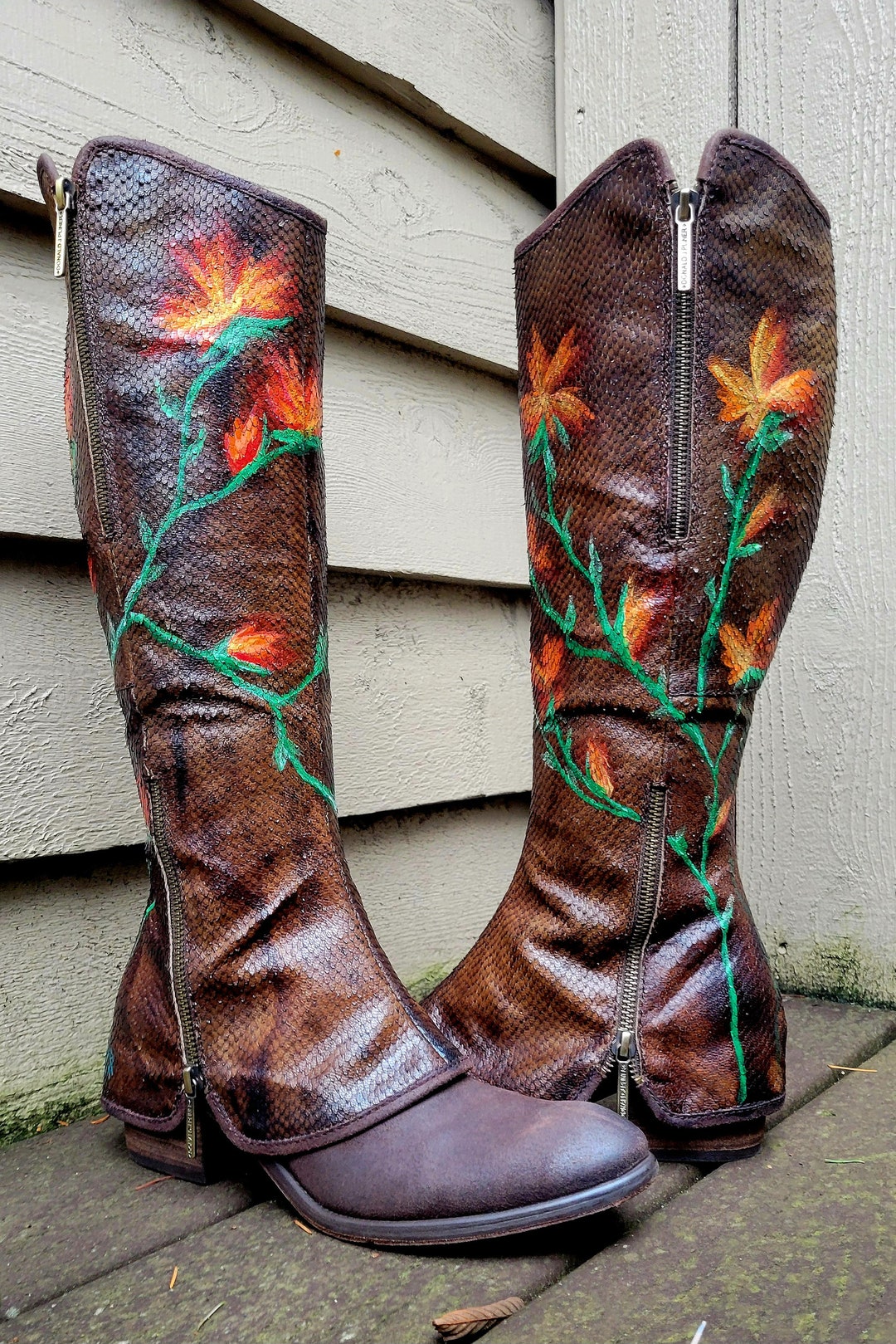 Custom Hand Painted Snake Skin Leather Boots Women's US 8 Shoes With ...