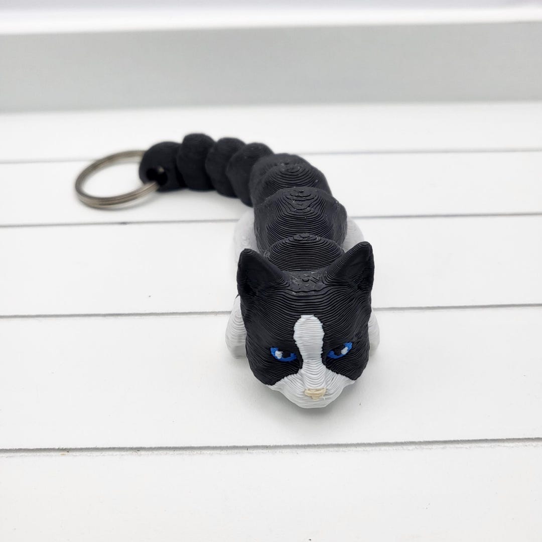 3D Printed Black & White Cat Flexi Articulated Keyring Keychain Fidget ...