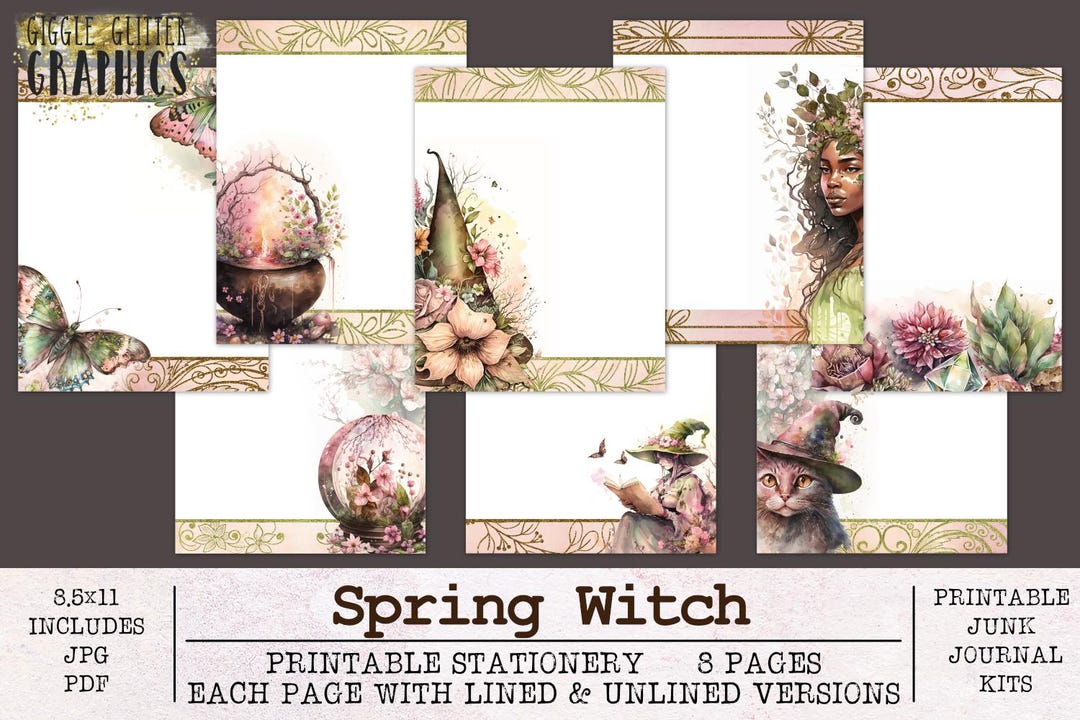 Spring Witch Stationery Witchy | Unlined and Lined Writing Paper JPG ...