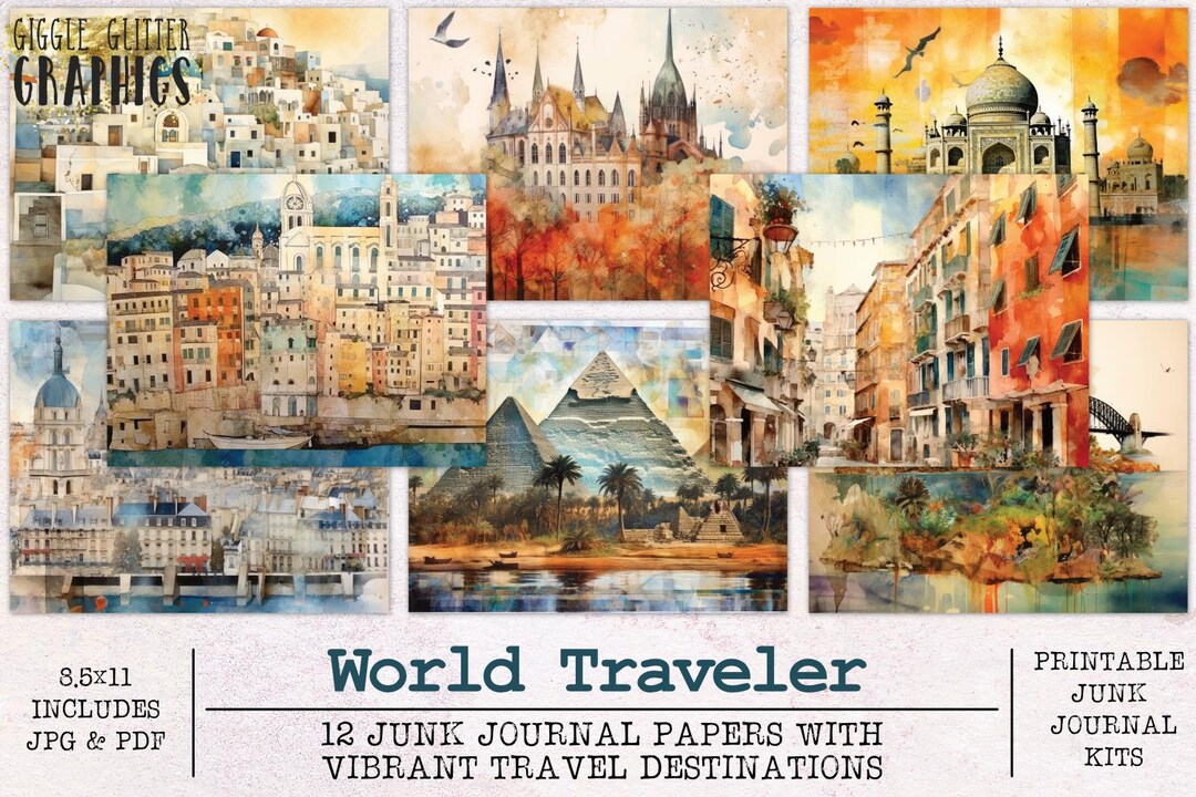 World Traveler Watercolor Junk Journal Paper | Junk Journal Kit JPG and ...