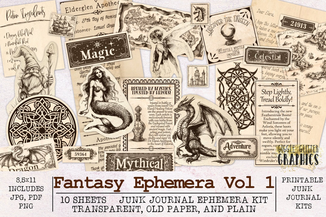 Fantasy Junk Journal Ephemera Vintage Style | Junk Journal Kit ...