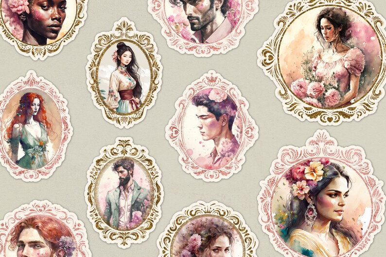 Romantic Portraits Fussy Cuts Printable Sticker Sheets | Junk Journal ...