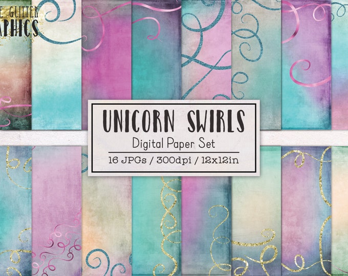 Unicorn Swirls Glitter Digital Papers | Digital Paper Pack | Printable ...