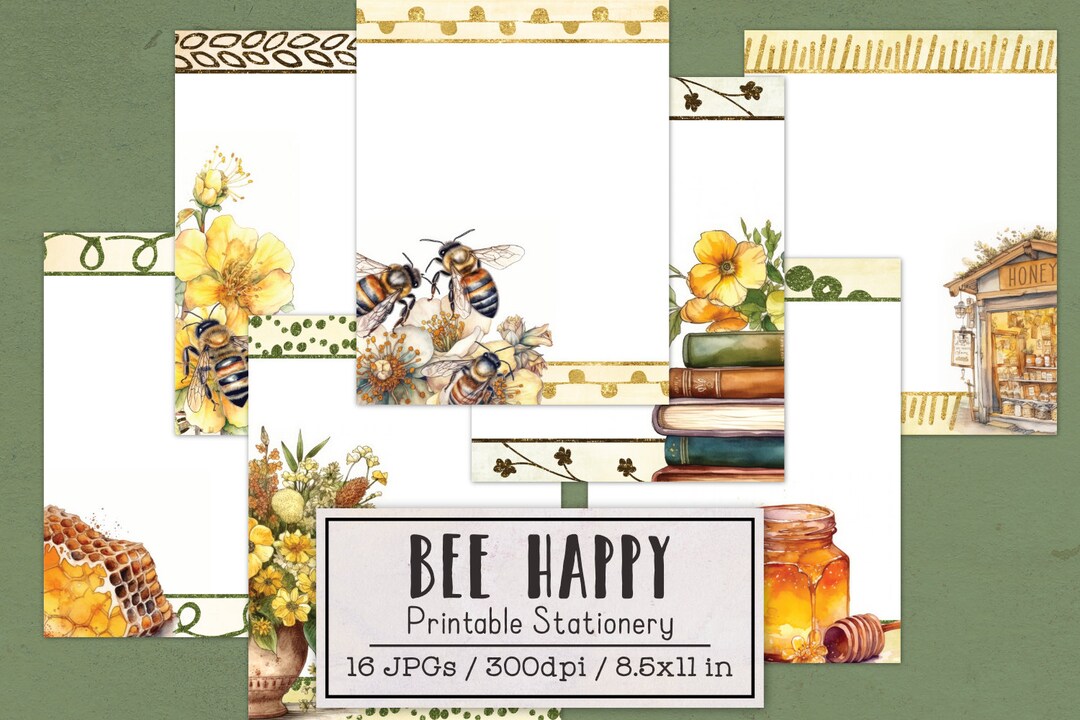 Bee Happy Stationery Unlined and Lined Writing Paper Digital Summer ...