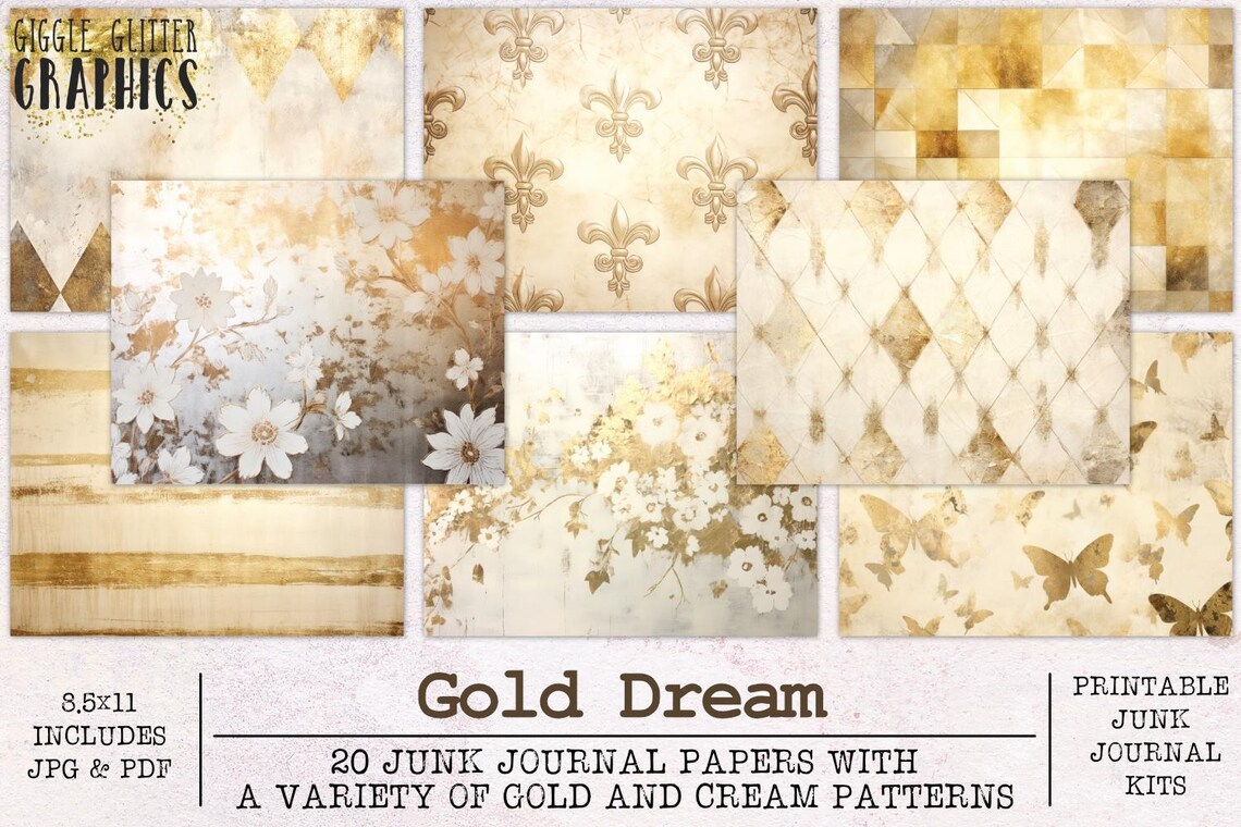 Gold Dream Junk Journal Paper | Junk Journal Kit JPG + PDF | Printable ...