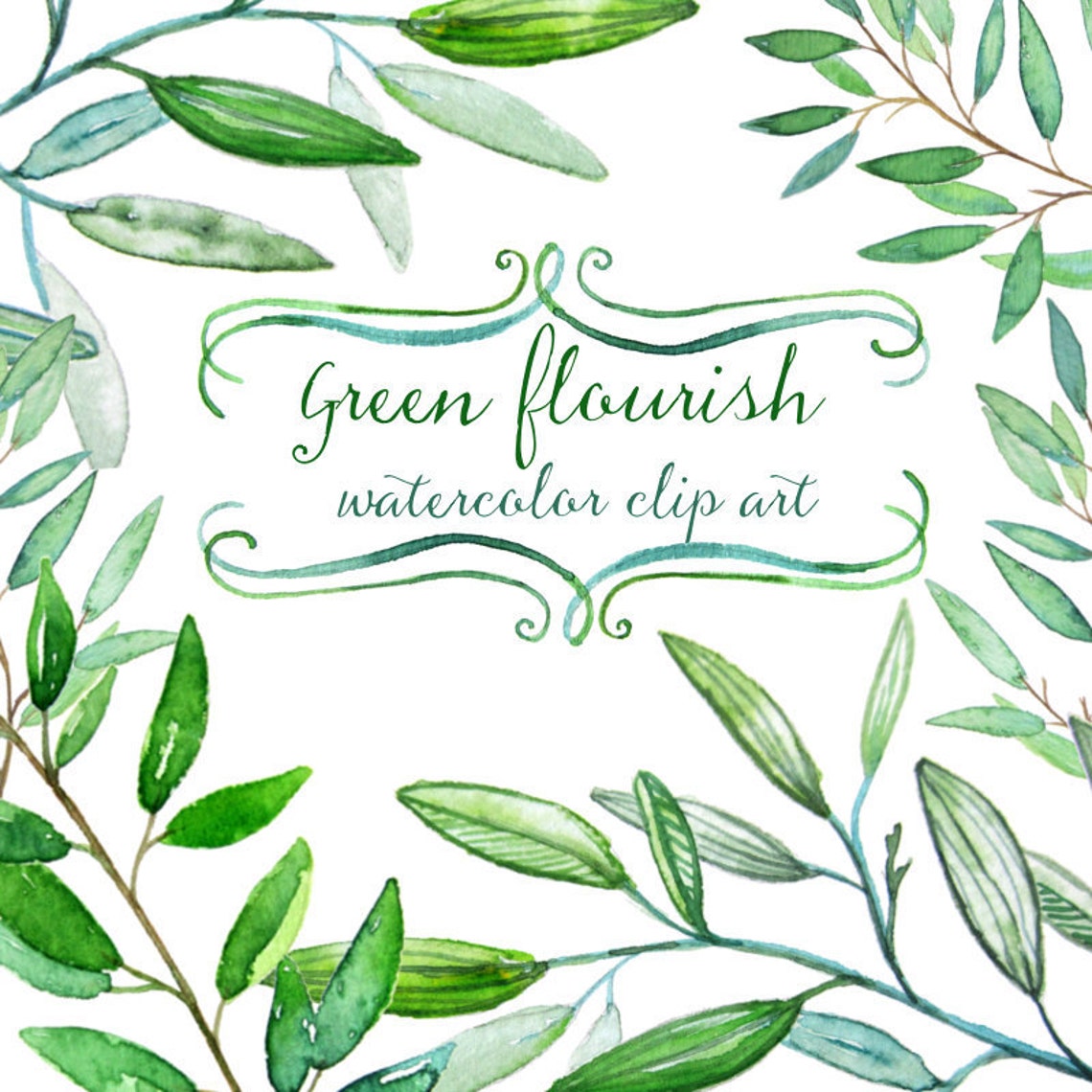 Hand Painted Flourishes Leaves Twigs Wreath and Banners Watercolor Clip ...