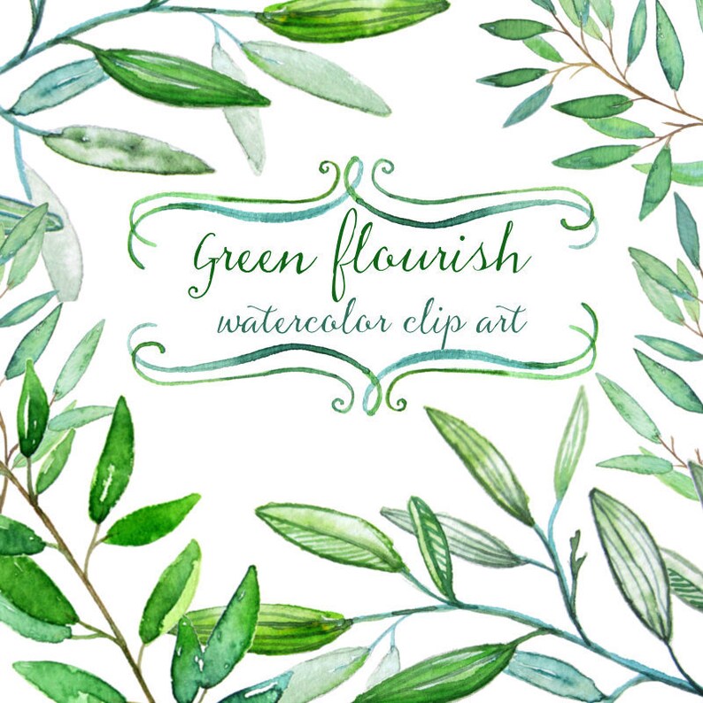 Hand Painted Flourishes Leaves Twigs Wreath and Banners Watercolor Clip ...